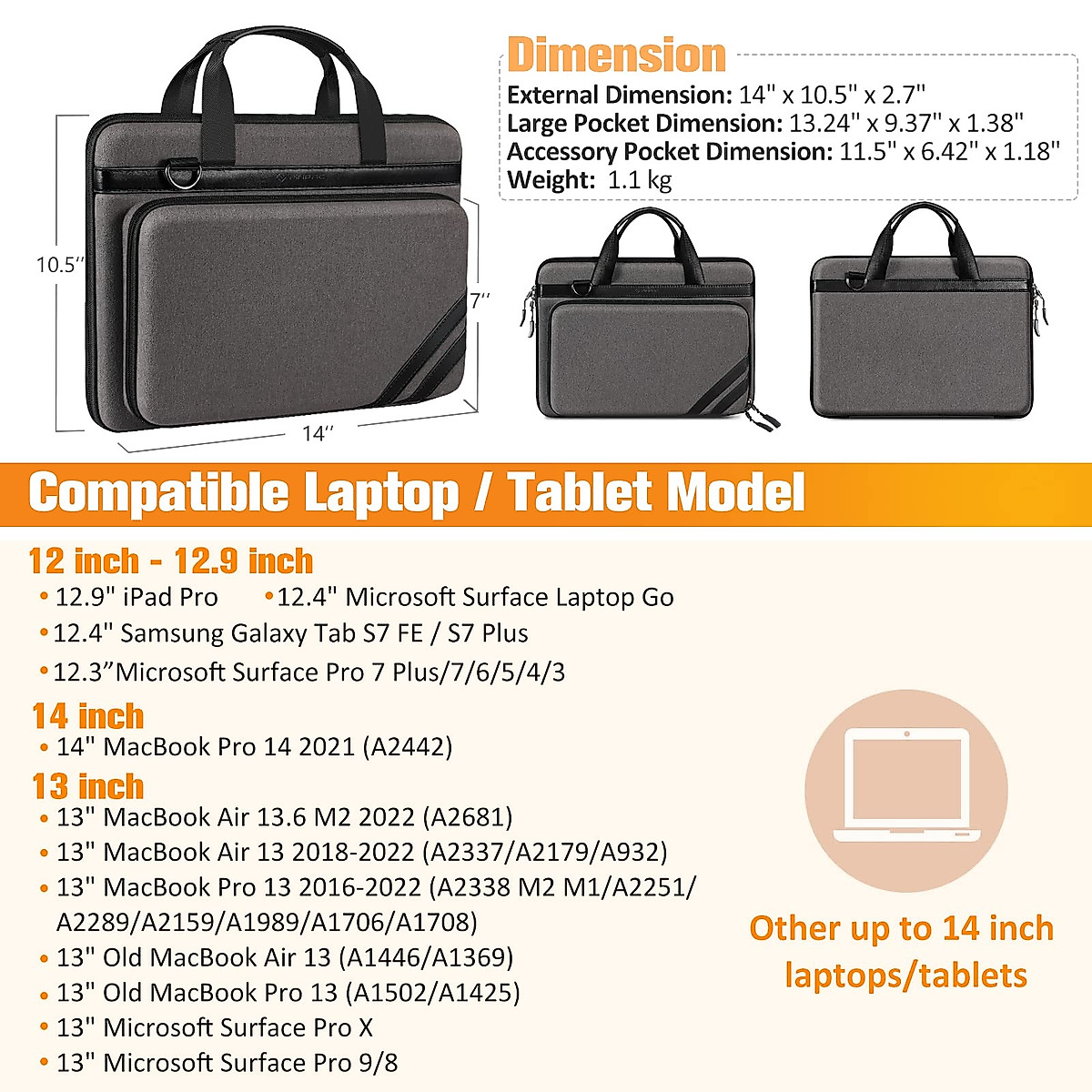 FINTIE FINPAC 13-14" Laptop Sleeve Case Briefcase Shoulder Bag with Tablet Pocket and Accessory Pouch for MacBook Pro 14, 13" MacBook Pro/Air, iPad 12.9-13 & Other Up to 14" Chromebook Tablet - Gray