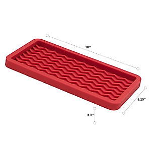 HomeBee Silicone Kitchen Bath Vanity Organizer Tray, Non-Slip Multipurpose Sink Caddy | Dish Sponge, Brush, Soap Dispenser Bottle Holder | Dishwasher Safe Rubber Counter Mat (10 x 5.25 Inch – Red)