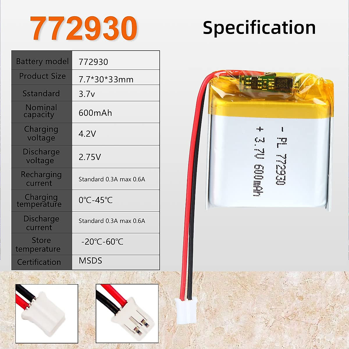 AKZYTUE 3.7V 600mAh 772930 Lipo battery Rechargeable Lithium Polymer ion Battery Pack with PH2.0mm JST Connector