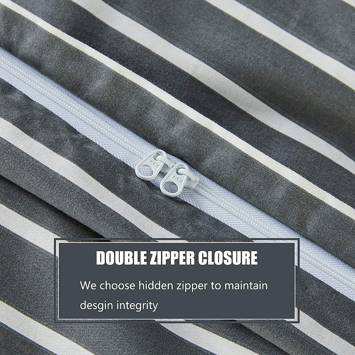 JELLYMONI 100% Natural Cotton 3pcs Striped Duvet Cover Sets, Dark Grey Duvet Cover with White Stripes Pattern Printed Comforter Cover, with Zipper Closure & Corner Ties(King Size)