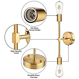 SunRider 2-Light Vanity Light Fixtures, Gold Bathroom Wall Sconce Mid Century Modern Wall Mounted Lamp Brushed Golden Sconce Indoor Vintage Wall Light