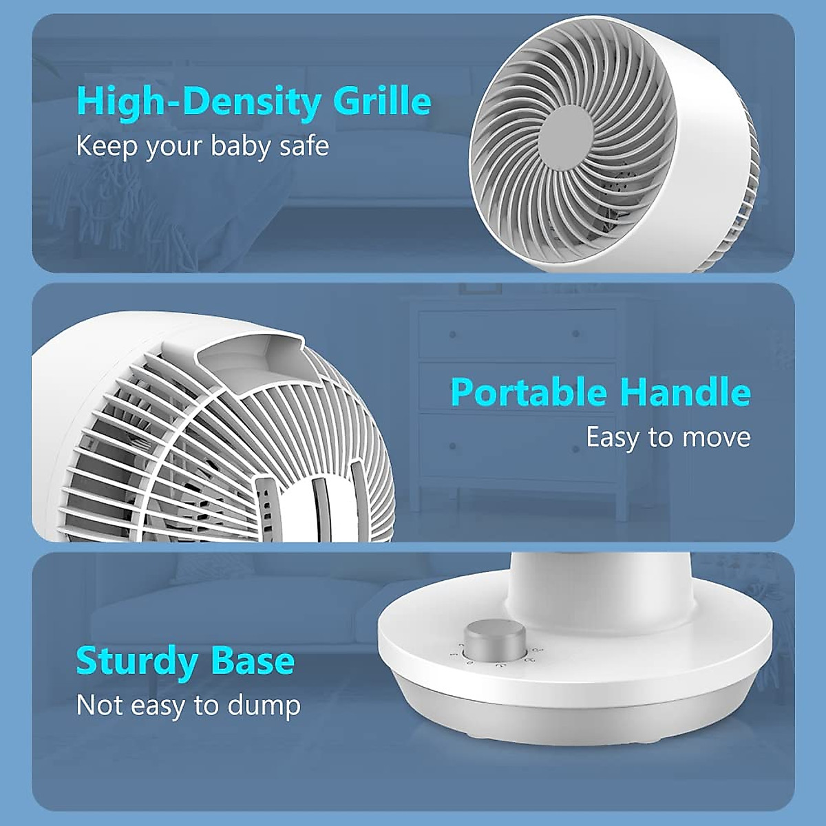 LifePlus Small Air Circulator Fan, Desk Fan 90° Tilt & 52° Oscillating, Portable Table Fan with 3 Speeds Powerful Airflow Perfect for Bedroom Dorm Office, White