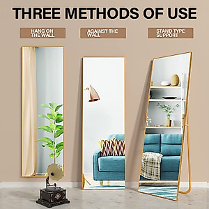 OBIOZZ Bedroom Floor Standing Mirror Full Length Mirror 60 × 16 Inches, Gold Standing Body Mirror, Floor Mirror, Standing Hanging or Leaning