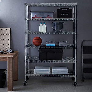 AmazonCommercial Heavy-Duty 6-Tier Steel Wire Shelving with Optional Wheels, NSF Certified, Chrome, 18" D x 48" W x 75" H (76'' H with wheels)