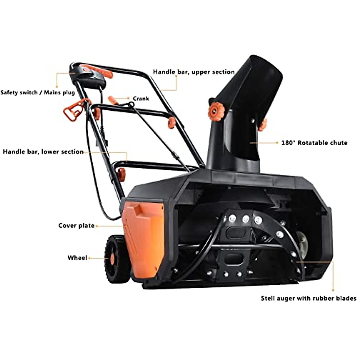 Kapoo Snow Thrower, Black & Orange 18 Inch Electric Snow Blower, 13 Amp, Steel Auger, 180° Rotatable Chute and Overload Protection bb17