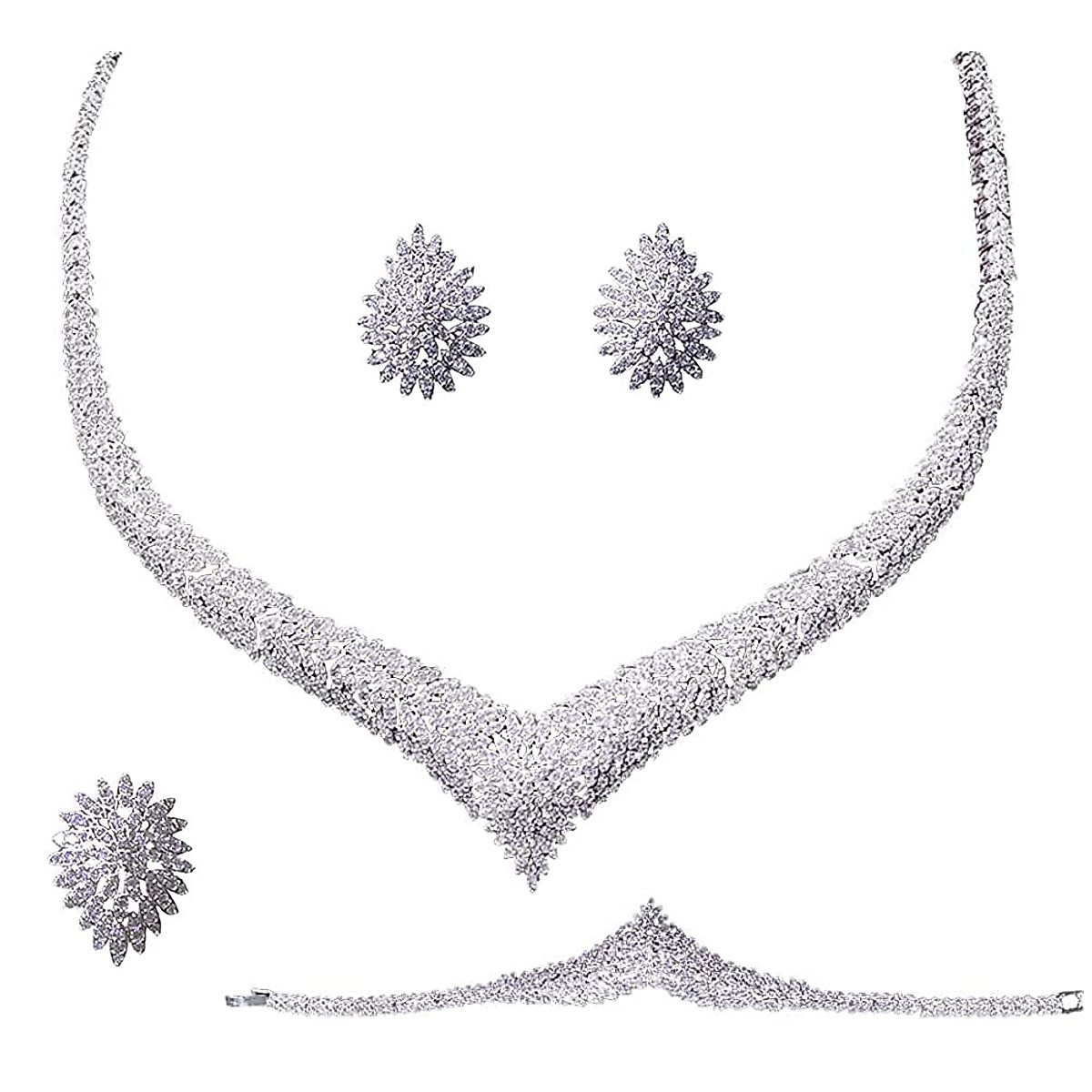 Jorsnovs Dubai Indian Wedding Jewelry for Bride 4pcs Zircon Earrings and Necklace Bracelet Ring Set Formal Jewelry for Women Evening Wear