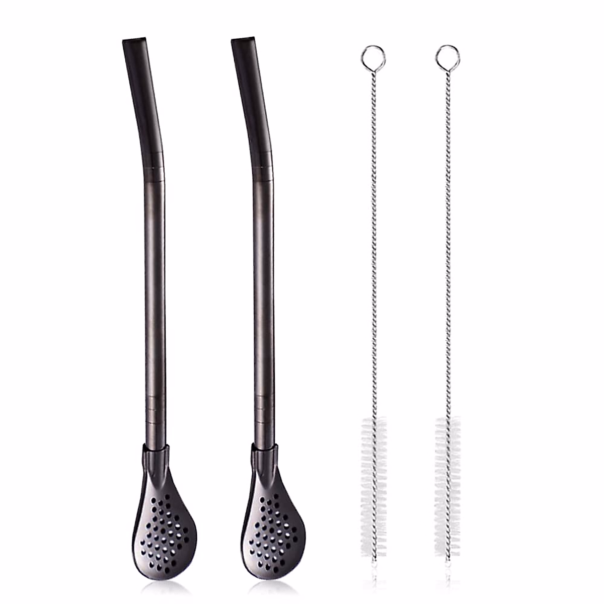 2Pcs Removable Stainless Steel Straw Filter Spoon with 2 Cleaning Brush, Yerba Mate Bombilla Straw, Reusable Metal Straw Spoon Cocktail Stirrer for Drinking Loose Tea, Ice Coffee, Black