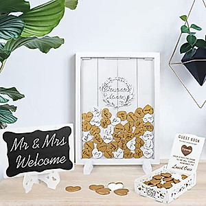 Yeghujar Wedding Guest Book Alternative, 80Pcs Gold & White Wooden Hearts for Guest Book, Pen Sign Drop Wooden Frame and Blackboard, Rustic Guest Book Alternative Wedding Signs Reception Decorations