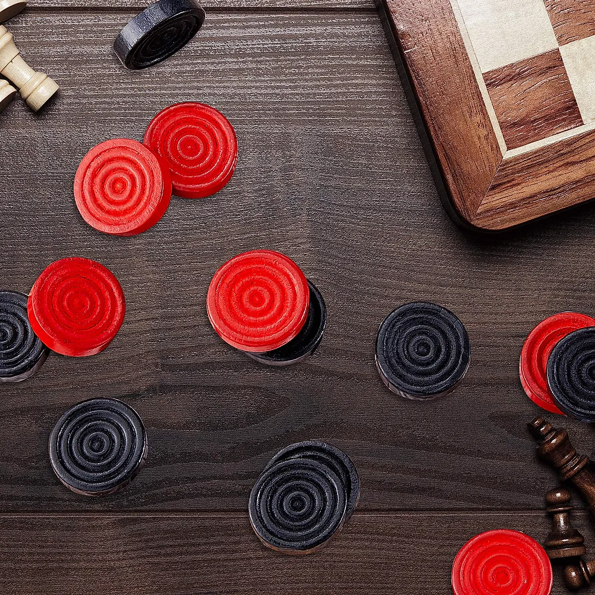 72 Pieces Wooden Checkers 1.06 Inch Checkers Board Game Pieces Stackable Ridge in Drawstring Storage Pouch for Checkers Backgammon Game, Red and Black