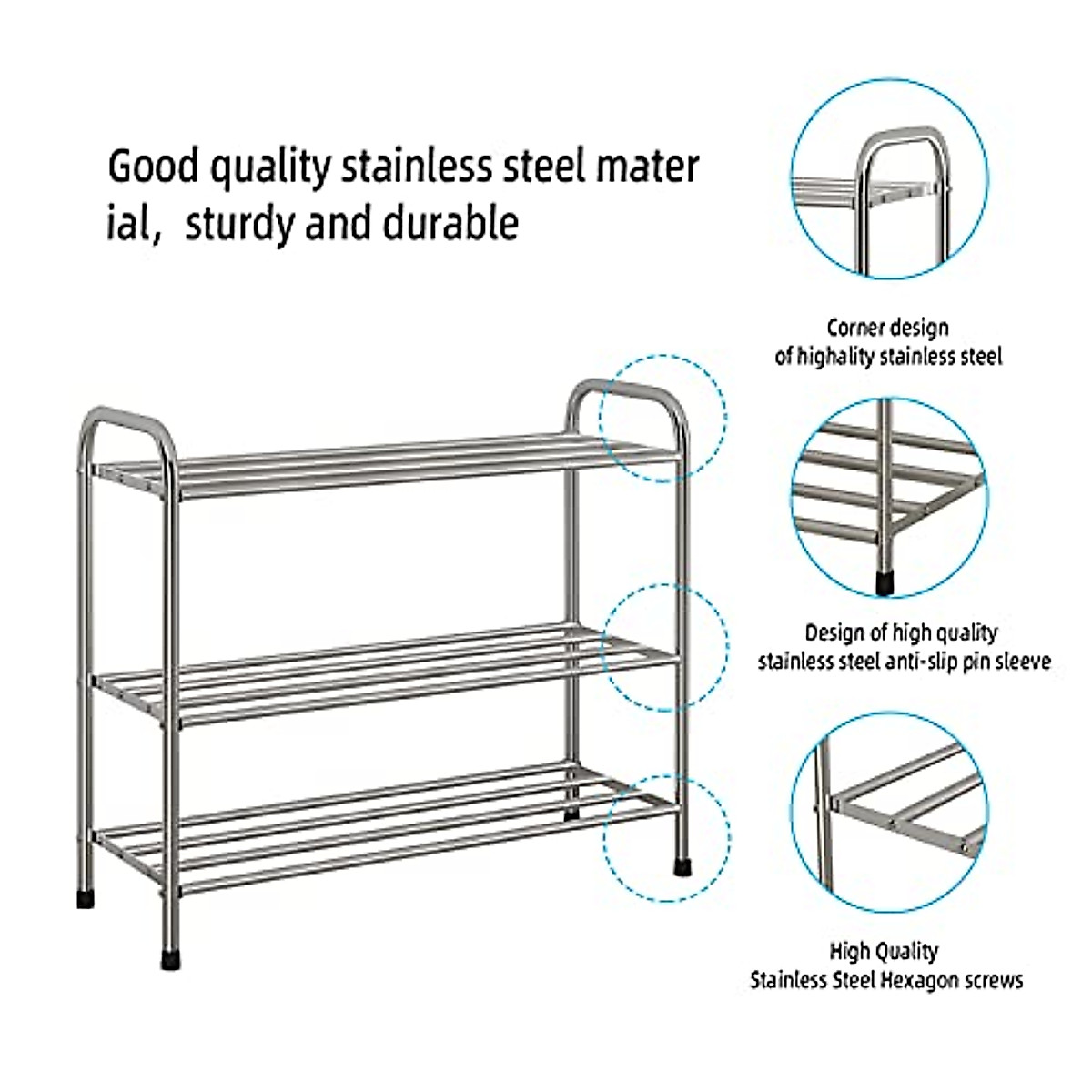 AISPUTIN 3 Tier Shoe Rack, Stainless Steel Shoe Racks for Closets, 9-11 Pairs Shoes Organizer, Boot and Sneaker Shelves for Entryway,25.59" W x 9.44" D x21.25 H. (65L x 24W x 54H cm)