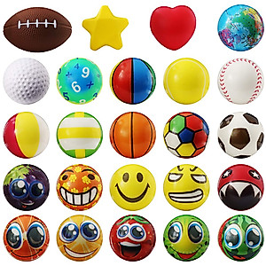 LovesTown 24 PCS Stress Balls Bulk, Sport Stress Balls for Adults Kids Foam Squeeze Balls Stress Relief Assorted Designs Treasure Box Toys for Party Classroom Students Prize