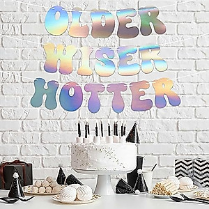 Pre-Strung Older Wiser Hotter Birthday Banner - NO DIY - Iridescent Birthday Party Banner - Pre-Strung on 8 ft Strands - Holographic Shiny Foil Birthday Party Decorations & Decor. Retro 70s Birthday