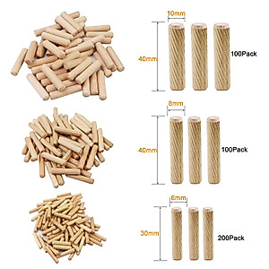Luckkyme, 400pcs 1/4” 5/16” 3/8" L Fluted Wood Dowel Pins Beveled Ends Tapered for Easier Insertion Straight Grooved Pins for Furniture Door and Art Projects