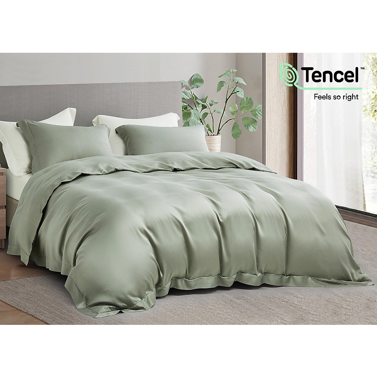 Sterling Creek 100% Tencel Lyocell Duvet Cover Set Queen Size 3-Piece Set - Luxury Soft Breathable Silky Smooth Cooling Comforter Cover with Button Closure for Hot Sleepers (Queen, Eucalyptus)