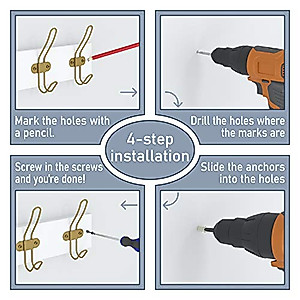 Tibres - Brushed Gold Wall Hooks for Hanging Coat Clothes and Towel - Brushed Gold Coat Hook Rack Door or Wall Mount - White Hanger with 4 Metal Matte Gold Hooks for Bathroom - Solid Wood