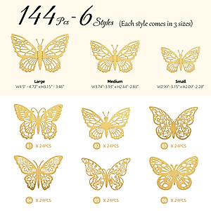144 Pcs Gold Butterfly Wall Decor, Butterfly Cake Toppers 3D Butterfly Stickers 6 Styles and 3 Sizes, Removable Mural Stickers Decorative Butterflies Metallic Butterfly Decorations for Walls