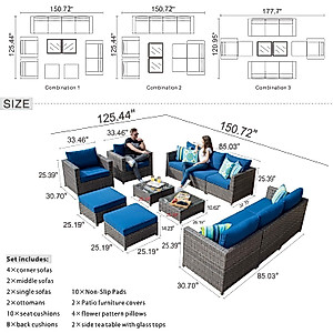 ovios Patio Furniture Set 12 Pieces Outdoor Conversation Set All Weather Wicker Rattan Sectional Sofa Sets with Thick Cushions Fully Assembled Furniture, Big Size, Grey Wicker, Navy Blue