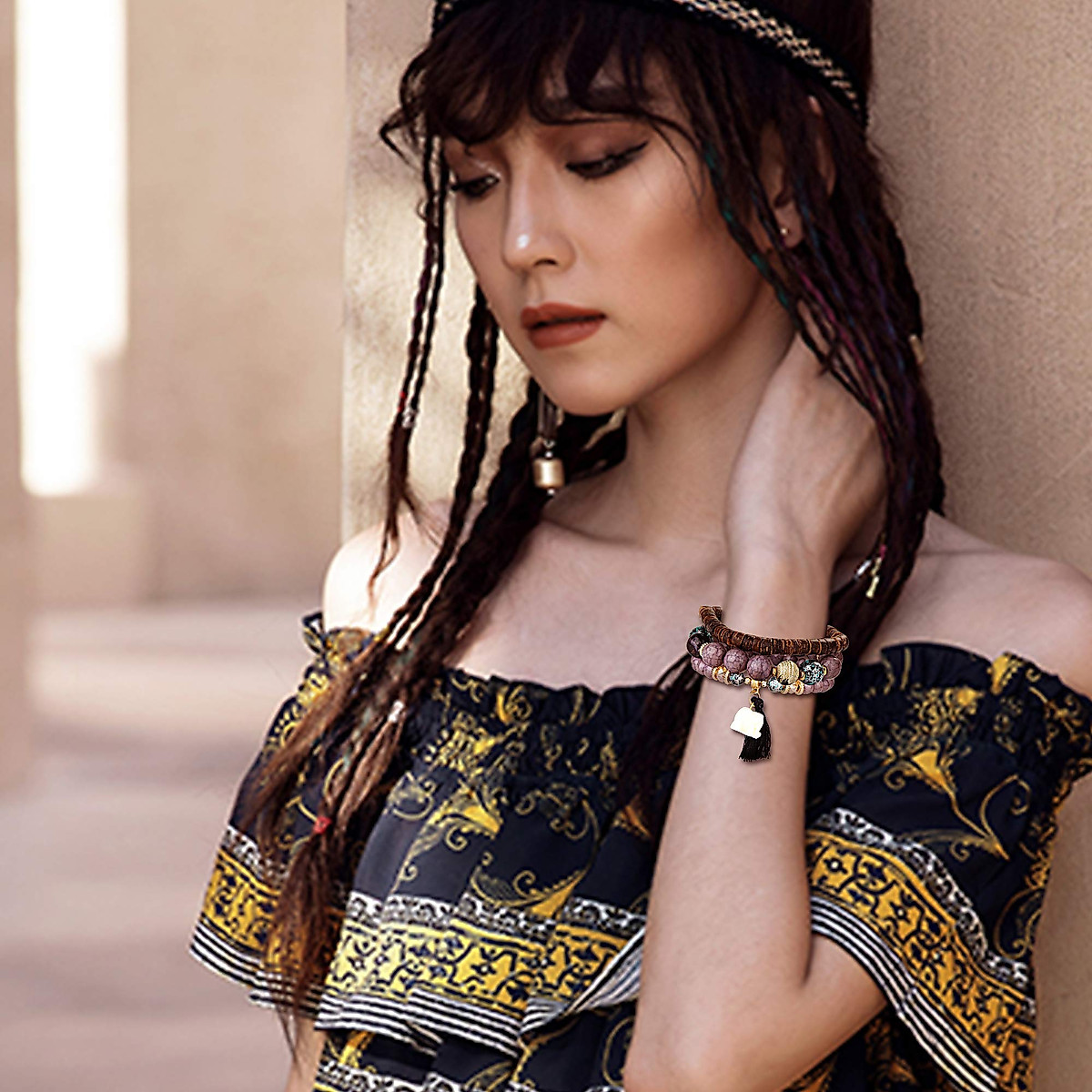 YADOCA 8 Pcs Bohemian Wood Beaded Bracelets Set for Women Boho Multilayer Tassel Strand Elephant Charm Bracelets Stretch