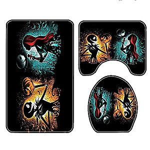 4 Pcs /Set Halloween Bathroom Decor Shower Curtain Sets with Bath Rugs ,Nightmare Before Christmas Bathtub Curtains Area Rug Mats Toilet Seat Cover Hooks Gray Skull Skeleton Blue Yellow (Black)