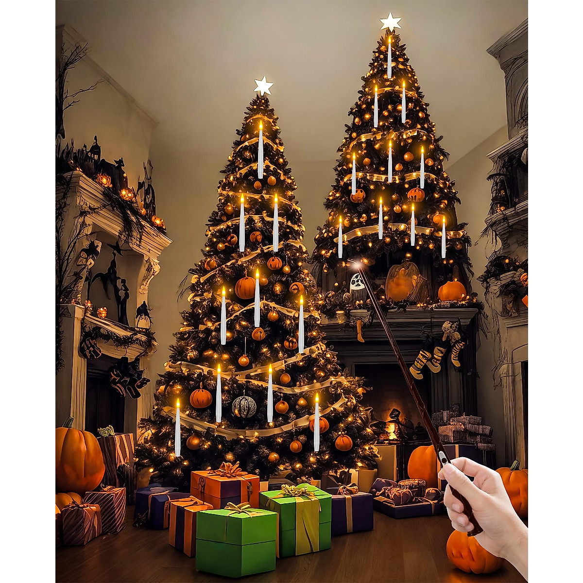 24 PCS Floating Candles with Wand, Christmas Decoration Magic Hanging Candles, Floating Flameless Candle with Remote, LED Taper Lights Candle Flickering for Xmas Indoor Party Room Birthday Decor Gift