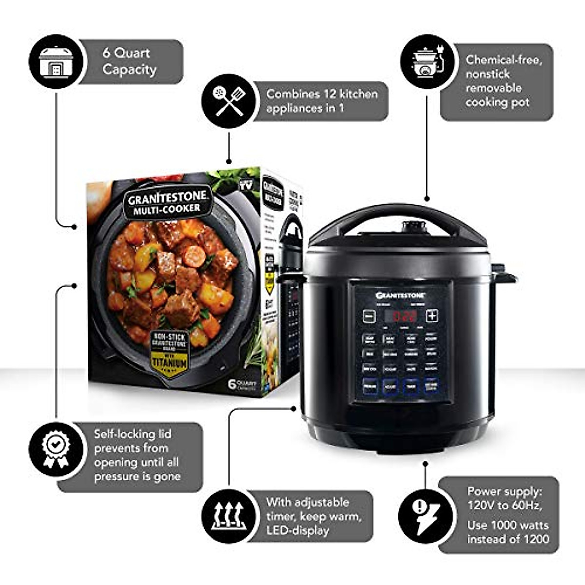 Granitestone 12-in-1 Multicooker with LED Display, Electric Pressure Cooker, Slow Cooker, Rice Cooker, Steamer, Saute, Yogurt Maker and Warmer, 6 Quart, 12 Pre-Set Functions As Seen On TV