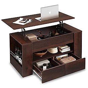 WLIVE Lift Top Coffee Table with Storage,Small Coffee Table with Drawers for Living Room,Hidden Compartment and Open Shelf,Central Table for Reception Room,Espresso
