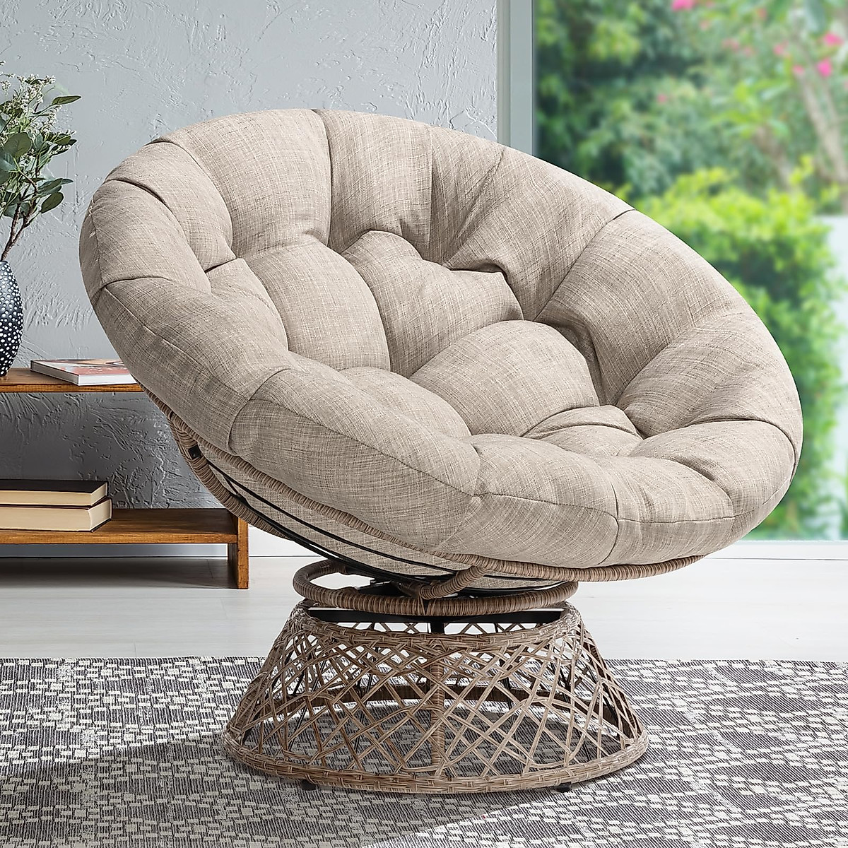 Bme 40" Ergonomic Wicker Papasan Chair with Soft Thick Density Fabric Cushion, High Capacity Steel Frame, 360 Degree Swivel for Living, Bedroom, Reading Room, Lounge, Silver Cloud - Brown Base