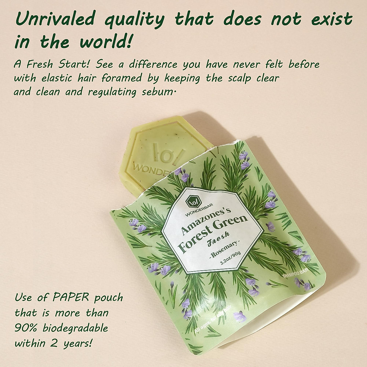 WONDERBAR101 Oily Hair and Oily Scalp Dandruff Shampoo Bar – plant-based, pH balanced, Eco-friendly, Plastic Free Packagig. (Rosemary)