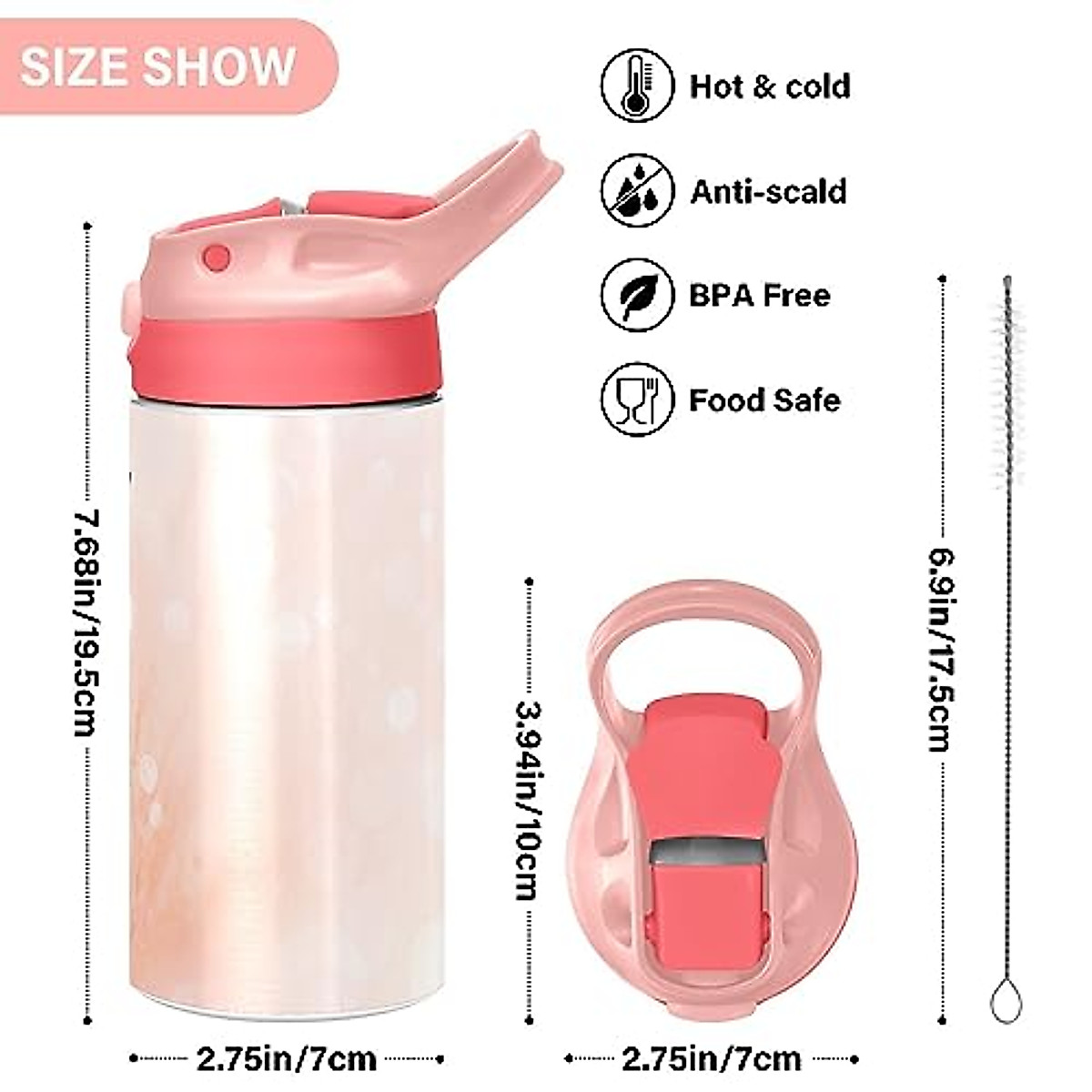 Kigai Flowers Butterfly Pink Kids Water Bottle, Insulated Stainless Steel Water Bottles with Straw Lid, 12 oz BPA-Free Leakproof Duck Mouth Thermos for Boys Girls