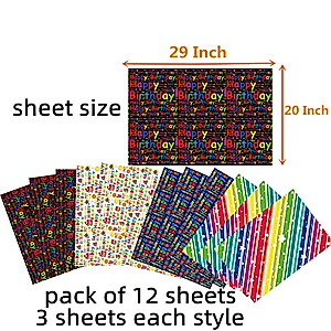 THMORT Birthday Wrapping Paper for Kids, Boys&Girls, Adults.Gift Wrapping Paper sheet With Black Background, Rainbow Star Stripe Happy Birthday for Baby Shower,Pack of 12 Sheets 20 X 29 Inch.