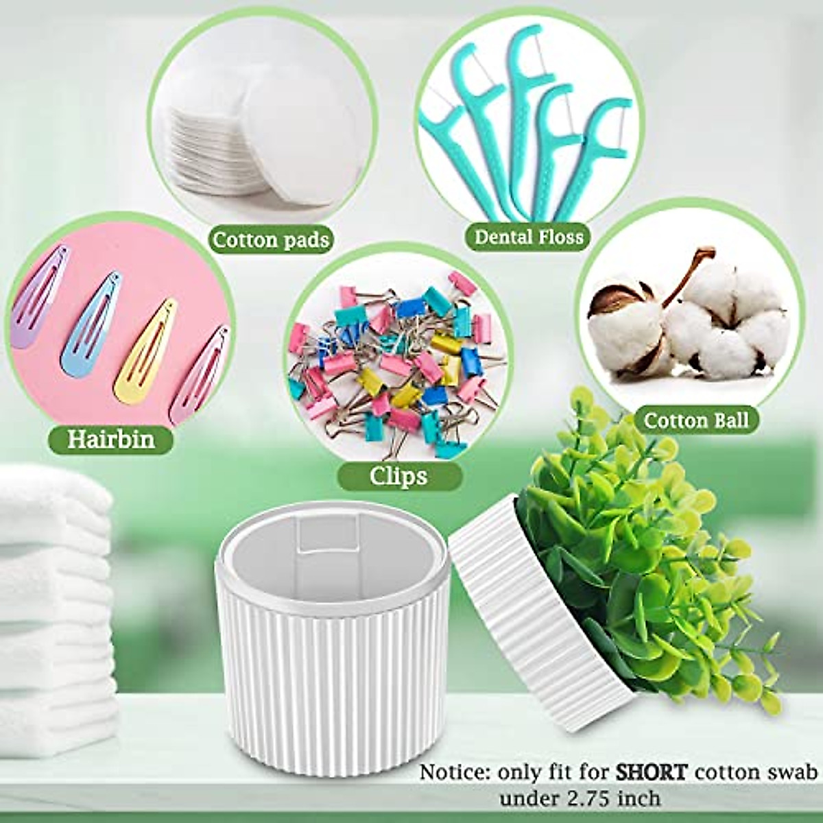 Bathroom Canister, Bathroom Storage Organizer For Cotton Ball, Bath Salts, Cotton Rounds,Floss Picks, Hair Clips, Apothecary Jars For Vanity Makeup Organizer, Cute Artificial Plants Design As Perfect Bathroom Decoration & Accessories (White)