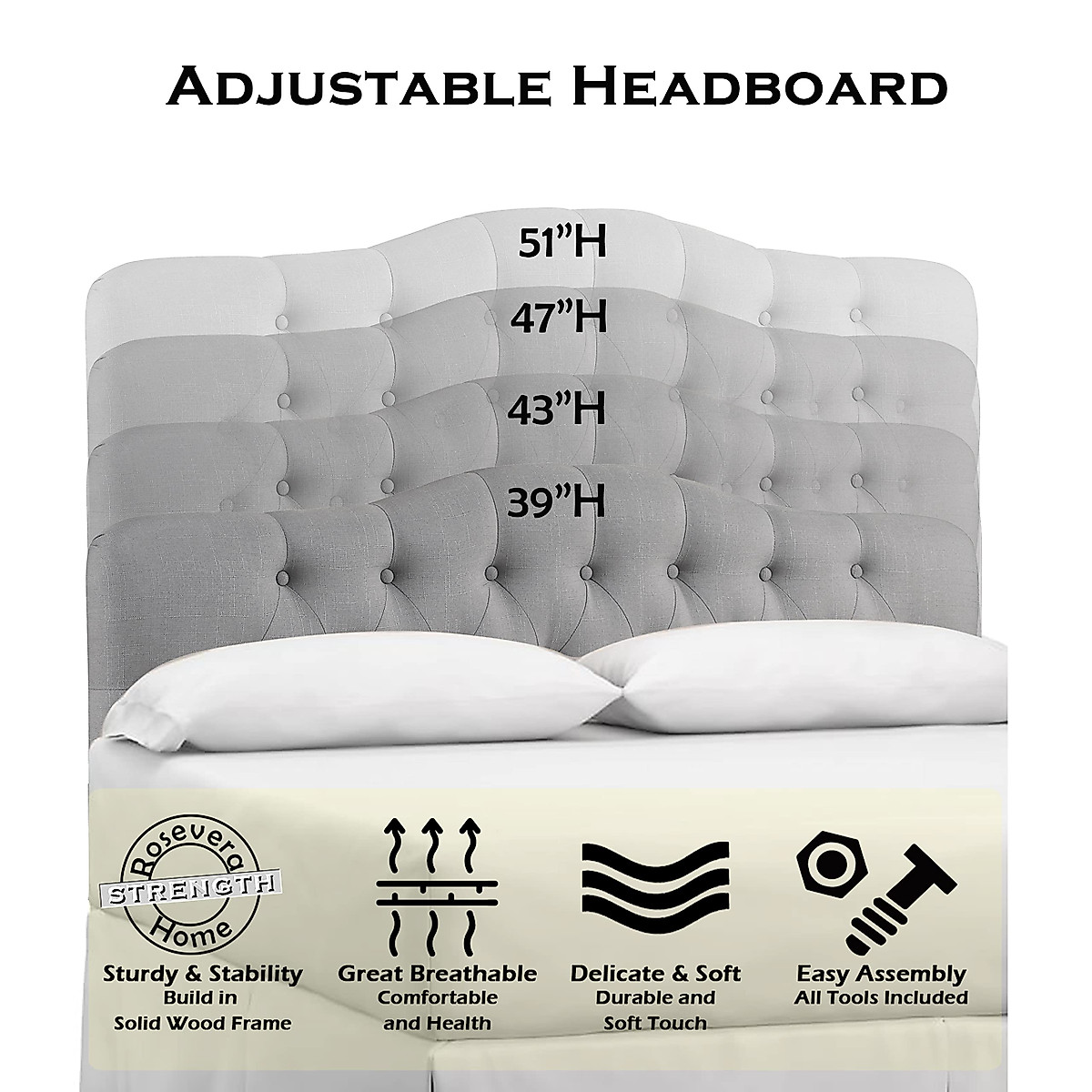 Rosevera Givanna Adjustable Heigh Headboard with Linen Upholstery and Button Tufting for Bedroom,Queen,Gray