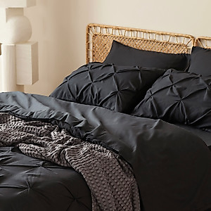 Bedsure Full Comforter Set Black - Bed in a Bag Full Size 7 Pieces, GentleSoft™ Pintuck Bed Set Gift for Family, Pinch Pleat Black Comforter with Sheets, Pillowcases & Shams