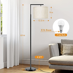 ROTTOGOON Floor Lamp for Living Room with 3-Color Temperature 9W LED Bulb, Modern Standing Lamp with Linen Beige Shade & Foot Switch, Tall Pole Lamp for Bedroom, Study Room, Office, Kids Room (Black)