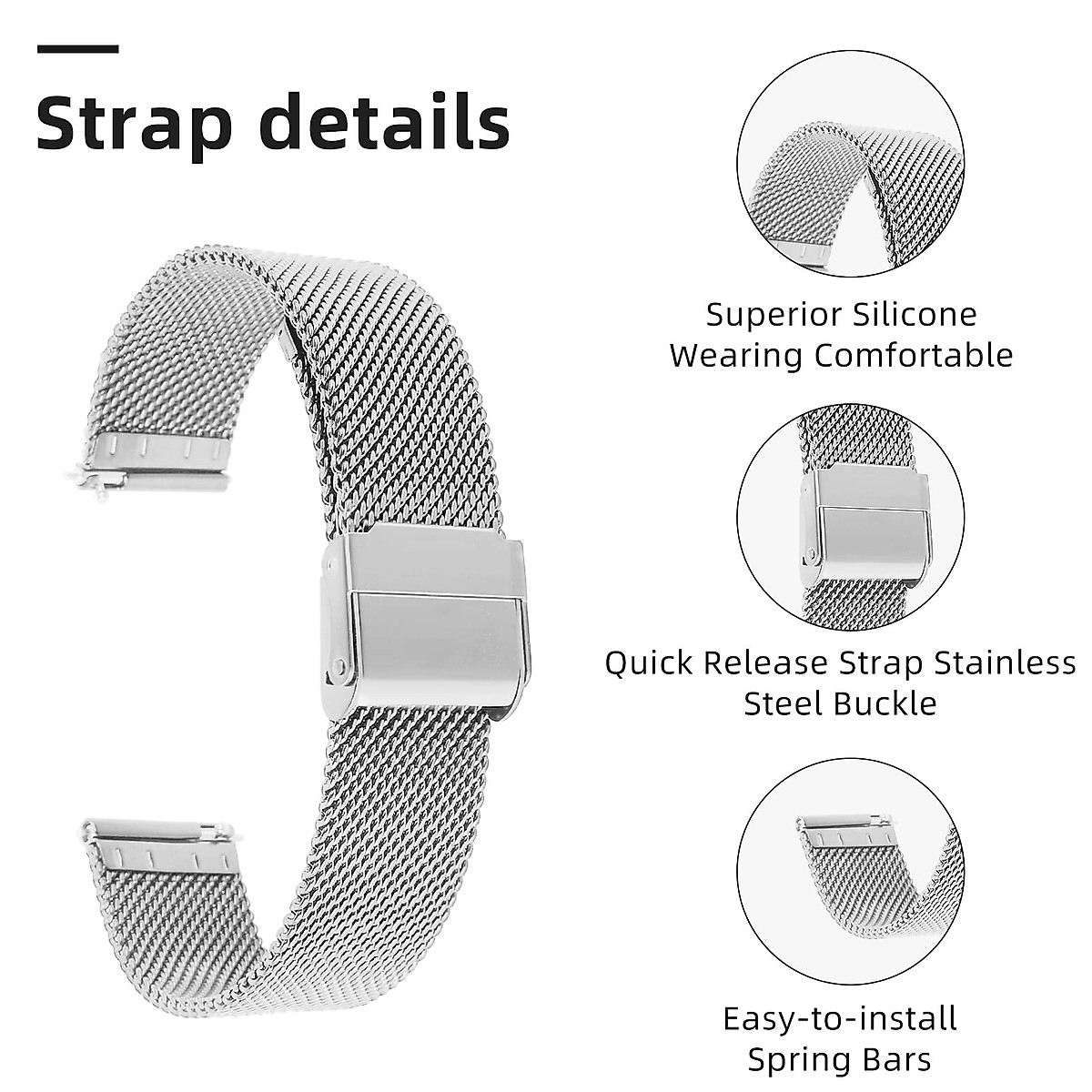 cobee Milanese Mesh Watch Bands, Quick Release Replacement Watch Straps Adjustable Stainless Steel Watchbands for Men Women Universal Metal Mesh Straps Compatible with 18mm Lug Width(Silver, 18mm)