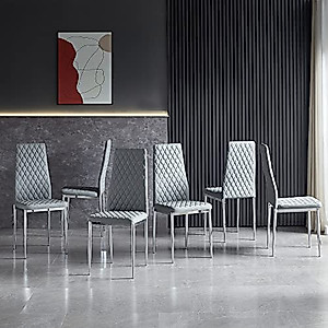 Hommoo PU Leather Dining Chairs Set of 6 Modern Kitchen Chairs with Grid Pattern and Electroplate Solid Metal Legs Armless Side Chairs for Home Living Room Kitchen Dining Room Grey