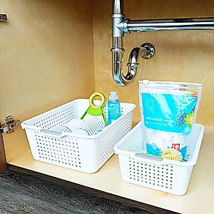 Madesmart Plastic Multipurpose Storage Basket with Handles, Portable Under Sink and Cabinet Organizer Storage Bin, Medium, White