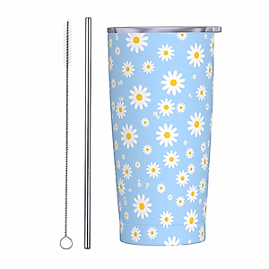 CHASOEA Daisy Tumbler 20oz Floral Flowers Stainless Steel Insulated Tumblers with Lid and Straw Blue Travel Coffee Mug Tea Wine Cups Water Bottle Daisy Gifts for Women