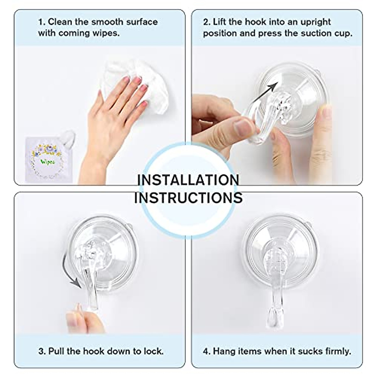 VIS'V Suction Cup Hooks, Small Clear Heavy Duty Vacuum Suction Hooks with Wipes Removable Window Glass Door Suction Hangers Reusable Suction Cup Holders for Kitchen Bathroom Shower Wreath - 6 Pcs