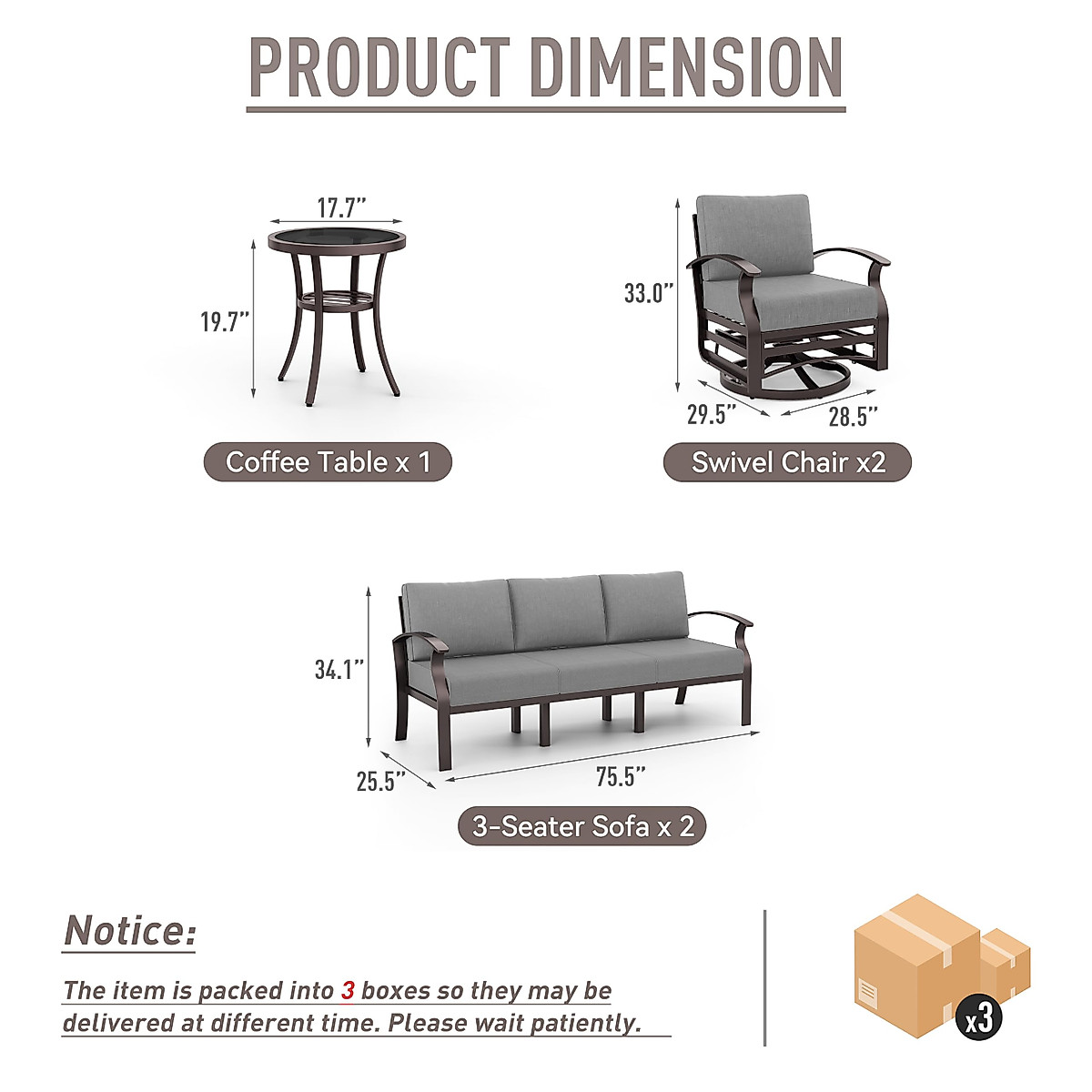 Knnbxa Aluminum Patio Furniture Set 8-Seat Metal Modular Outdoor Patio Conversation Sectional w/Swivel & Rocking Sofas and Coffee Table for Deck,Backyard,Lawn,Grey