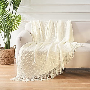 Yastouay Knitted Throw Blankets Soft Cozy Knit Blanket with Tassel Lightweight Breathable Fleece Blanket Decorative Blanket for Couch, Bed, Sofa, Travel and Farmhouse, 50"x60", Off White