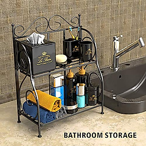 Bathroom Countertop Organizer, F-color 2 Tier Collapsible Kitchen Counter Spice Rack Jars Bottle Shelf Organizer Rack, Black