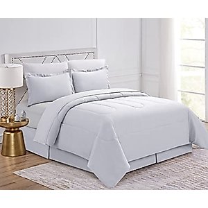 Cathay Home Basic Bedding Home Essential Ultra Soft Light Weight 8PC Wrinkle Resistant Microfiber Bed in a Bag Set (Includes Complete Sheet Set, Comforter Set & Bedskirt) - Full, White