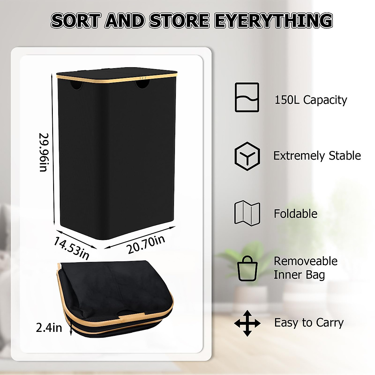 150L Laundry Basket with Lid, Large Double Laundry Hamper with Bamboo Handles, Removable Laundry Bags, 2 Section Dirty Clothes Hamper, Collapsible Towel Basket for Bedroom, Bathroom, Dorm, Black