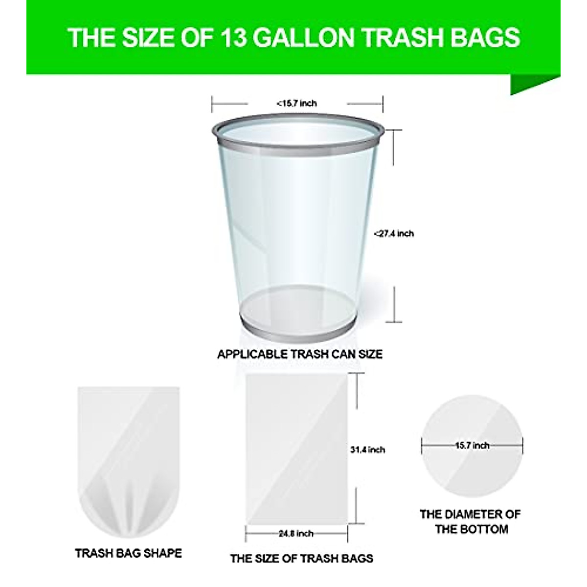 FORID 13 Gallon Trash Bags - Clear Plastic Garbage Bags Medium Tall Trash Can Liners for Kitchen Office Home Waste Bins Unscented One Box with 5 Roll 110 Count 55 Liter