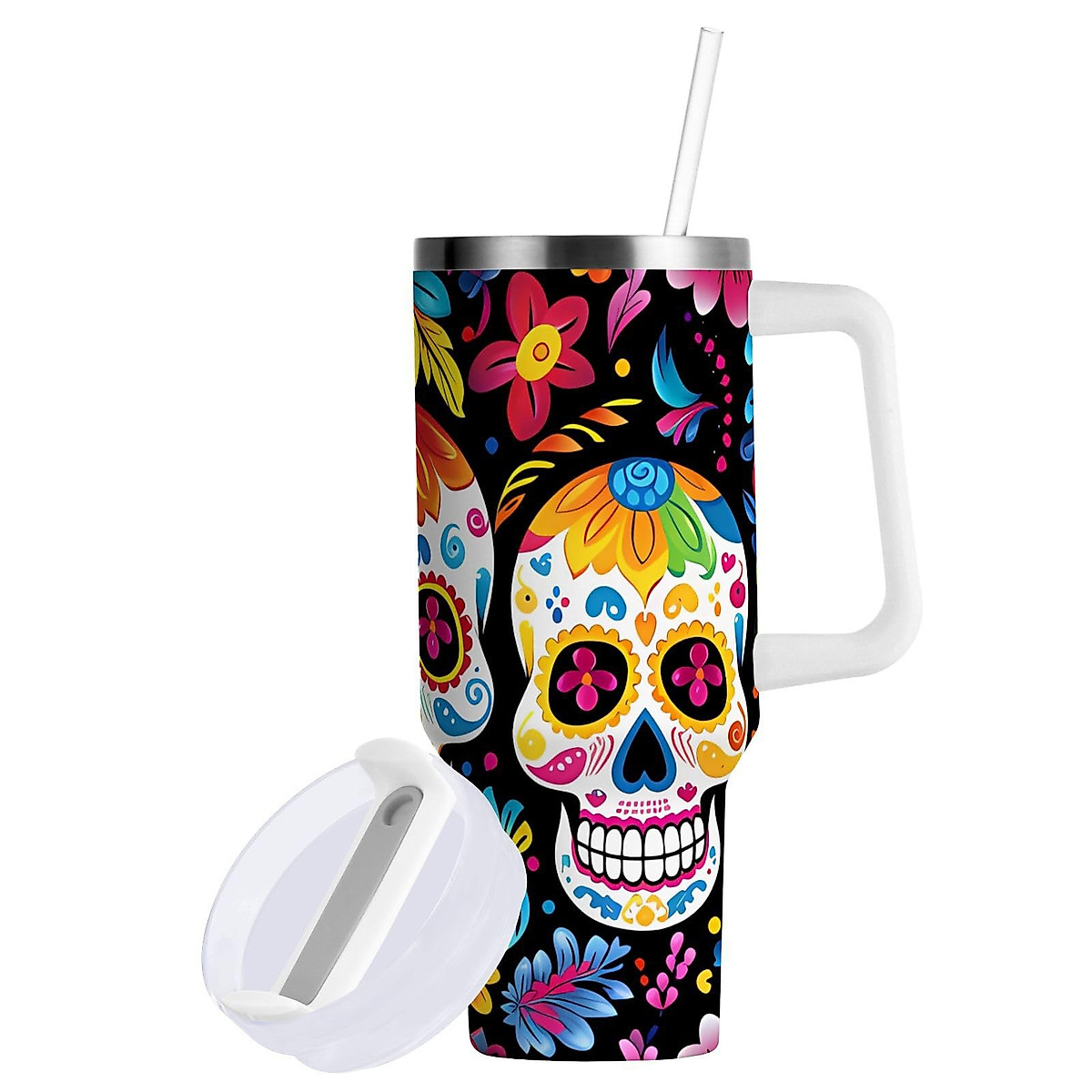ALAZA Sugar Skull Day Of Dead 40 oz Tumbler Stainless Steel Water Bottle Vacuum Insulated Cup with Straw Lid & Handle For Travel Car Cup Holder