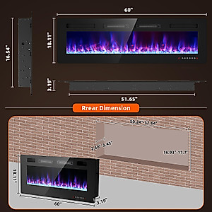 BREEZEHEAT 60 inch Electric Fireplace Wall Mounted/Freestanding-Ultra Thin Fireplace Inserts for Living Room with Heater, Remote Control, Touch Screen, Led Flame, 8H Timer, 750w/1500w