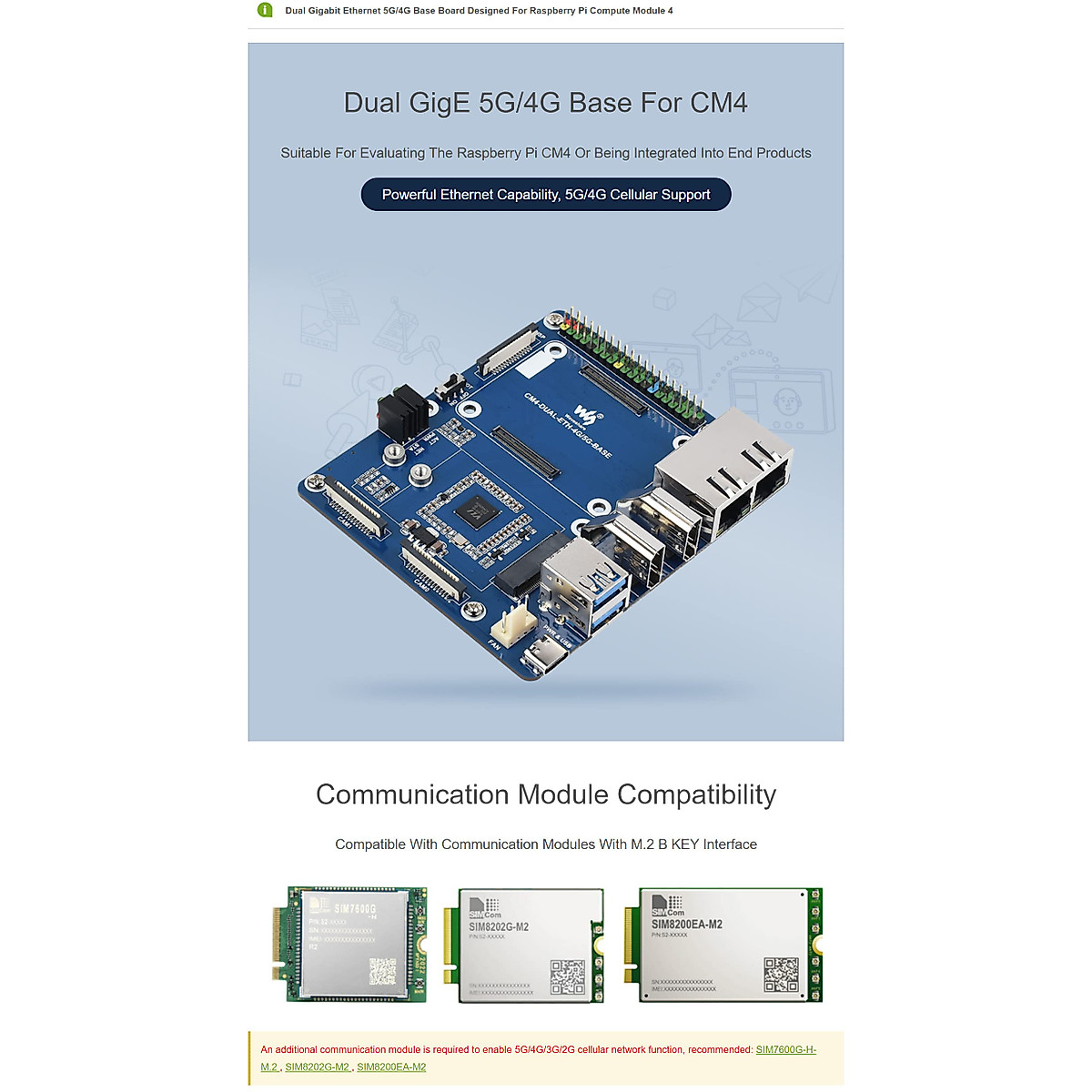 Dual Gigabit Ethernet 5G/4G Cellular Support Base Board Designed for Raspberry Pi Compute Module 4(CM4)
