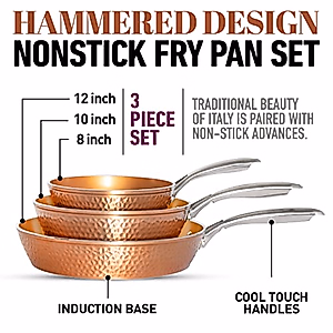 Gotham Steel Hammered Frying Pan Set, 3 Piece Nonstick Copper Fry Pans, 8”, 10” & 12” Skillet, Omelet Pan, Cookware, PFOA Free, Dishwasher Safe, Cool Touch Handle
