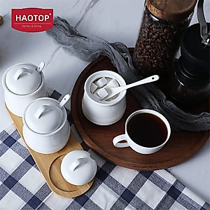HAOTOP Porcelain Condiment Jar 3 Pack Set with Tray, 12 Ounces White